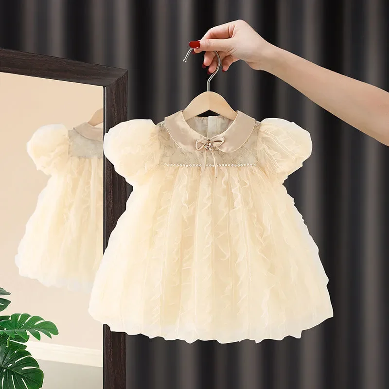 Baby Girls Mesh Princess Summer Dress Kids Girl Puff Sleeves Beaded ...