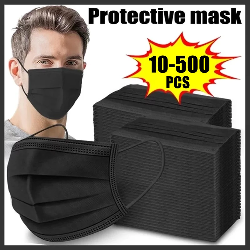 10-500PCS-Black-Disposable-Face-Mask-Industrial-3-ply-Ear-Loop-Adult ...