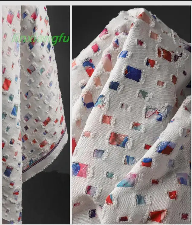 Colored-denim-perforated-fabric-jacquard-tassel-creative-fabric ...