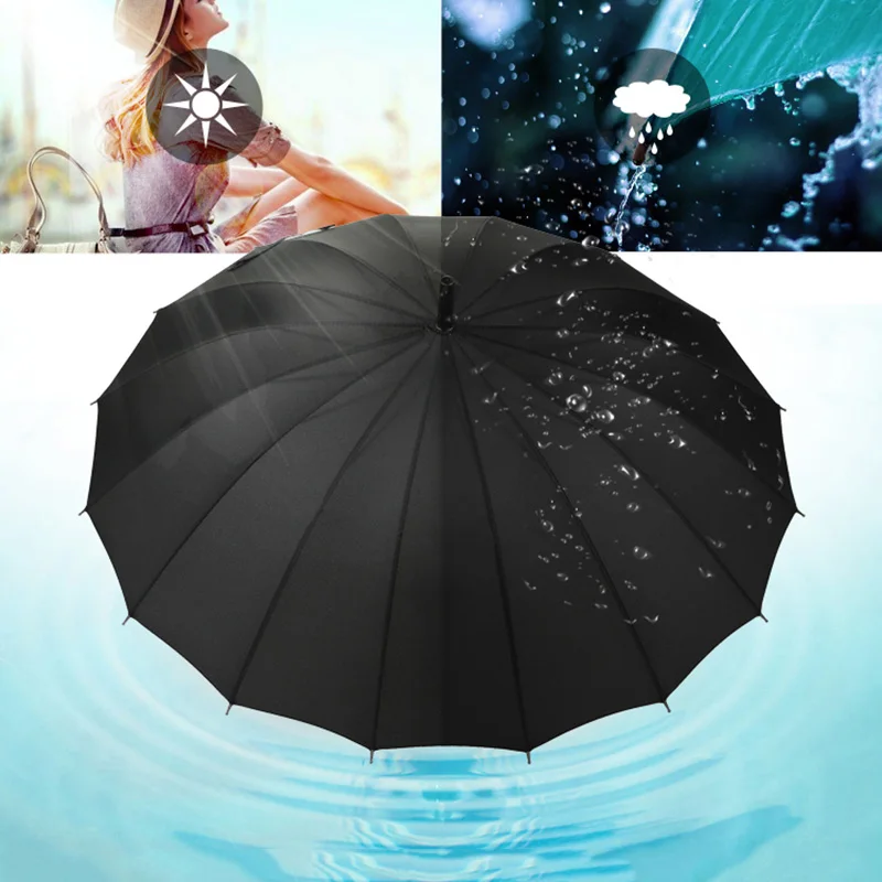Sun Rain Umbrella Long Handle Windproof Manual Open UV Umbrellas Black ...