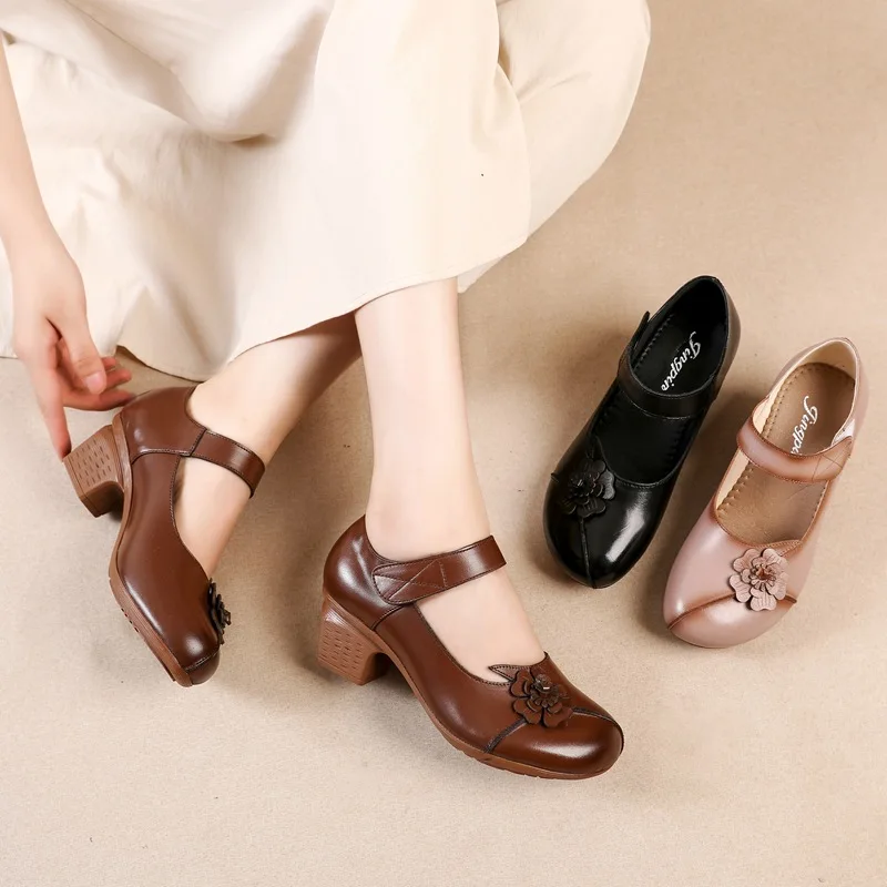 Summer women fashion round toe Handmade Genuine leather black heel ...