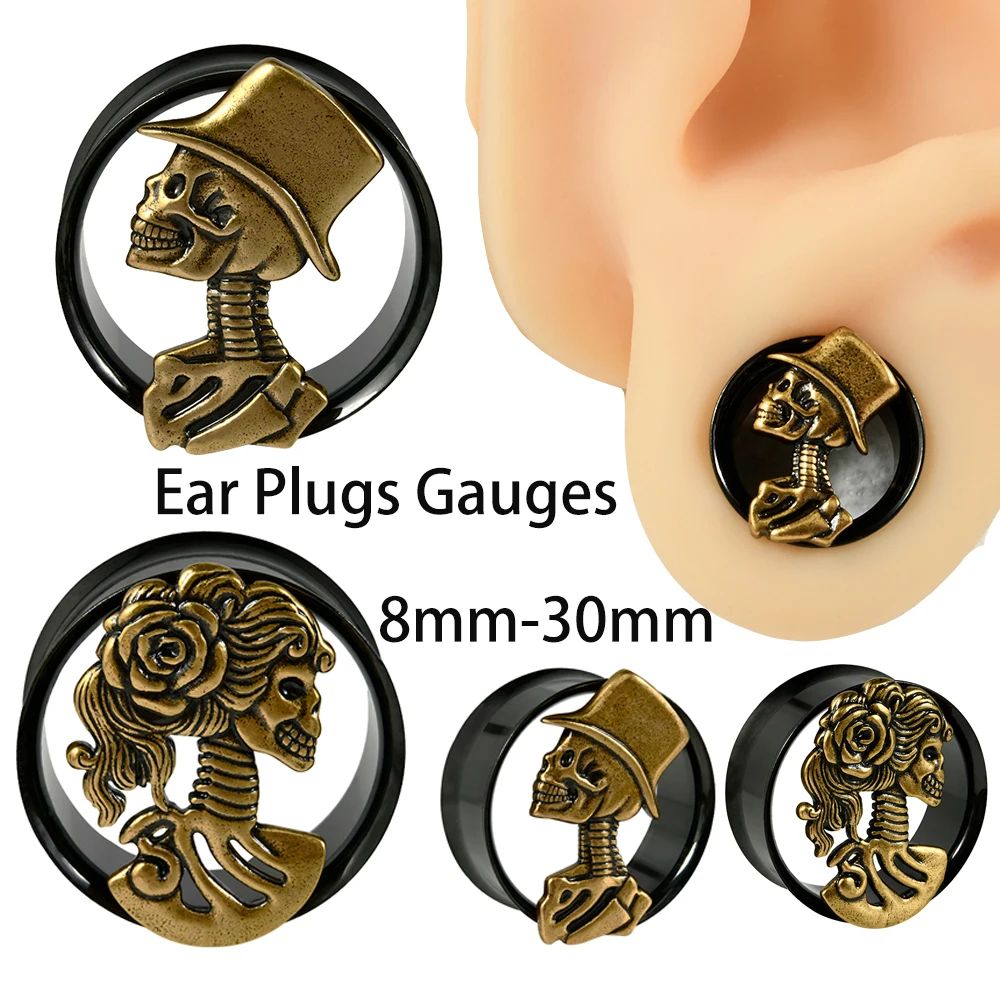 1PC-Stainless-Steel-Double-Flared-Ear-Tunnels-Skull-Head-Rose-Skull-Ear ...