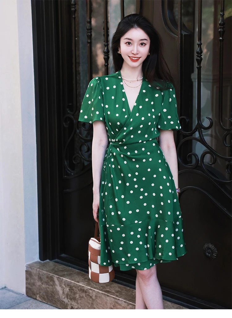 French-Style-Green-Polka-Dot-Robe-2024-New-Women-s-Summer-Dopamine-Wear ...