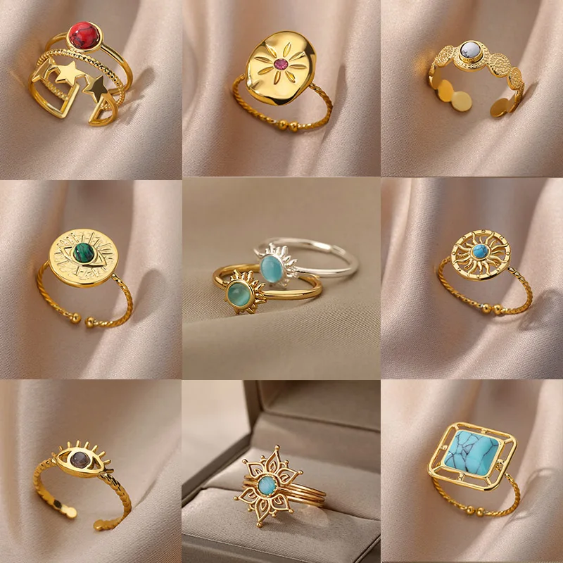 Stainless-Steel-Opal-Stone-Sun-Rings-For-Women-Men-Gold-Plated-Star ...