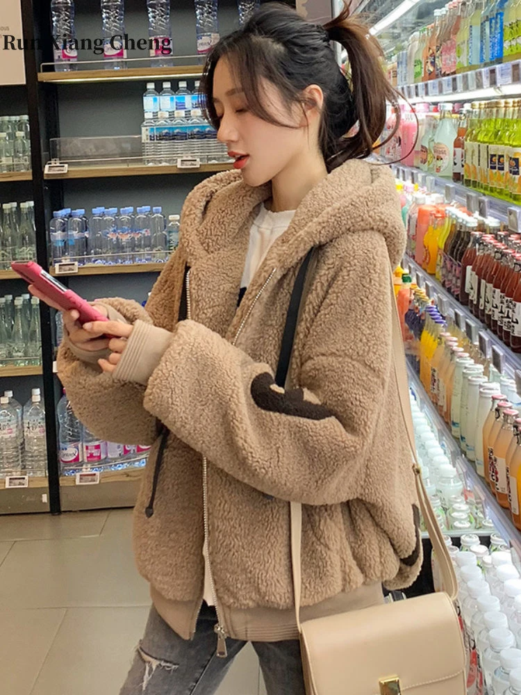 Jaqueta de cordeiro com capuz feminino, casaco solto, estilo casual rua, top de letras, roupa ...