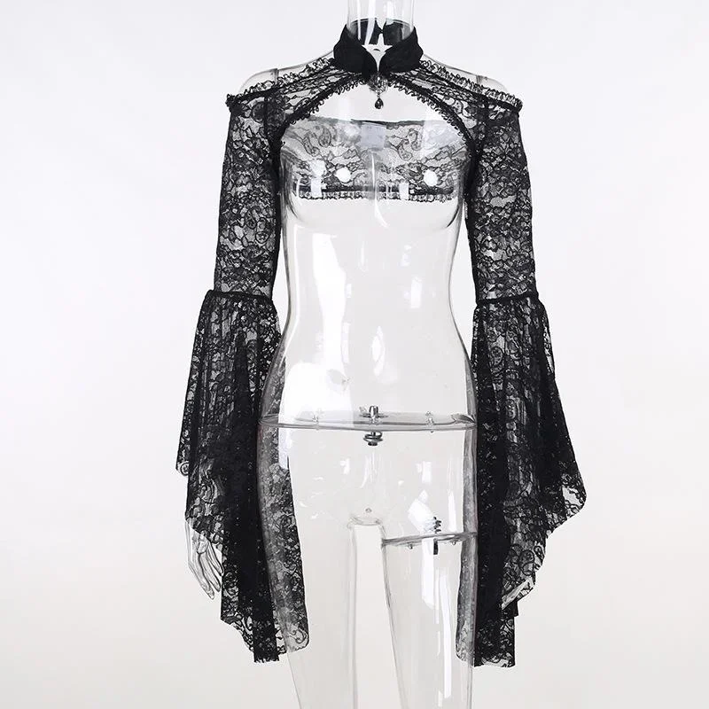 Dark Gothic Black Mesh Lace Overlay Shrug Punk Cover Tops Long Flare ...