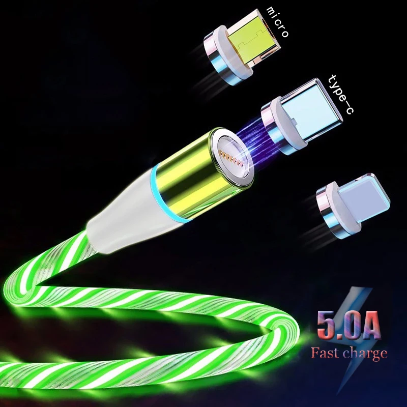 Flowing Light LED Magnetic Cable 3A Micro USB Type C Cable Fast ...