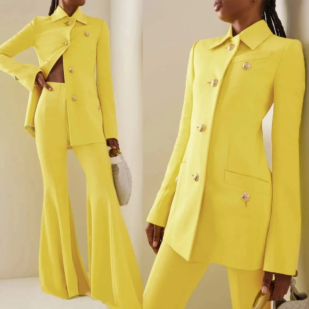 Yellow-Women-Suits-Custom-Made-Office-Lady-Fashion-Long-Sleeve-V-Neck ...