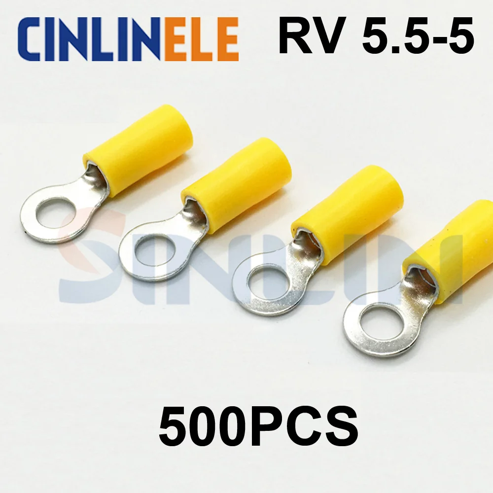 500 pces terminal RV5.5-5 12-10awg 4.6-6.64mm ^ 2 anel de crimpagem terminal anel amarelo bronze ...