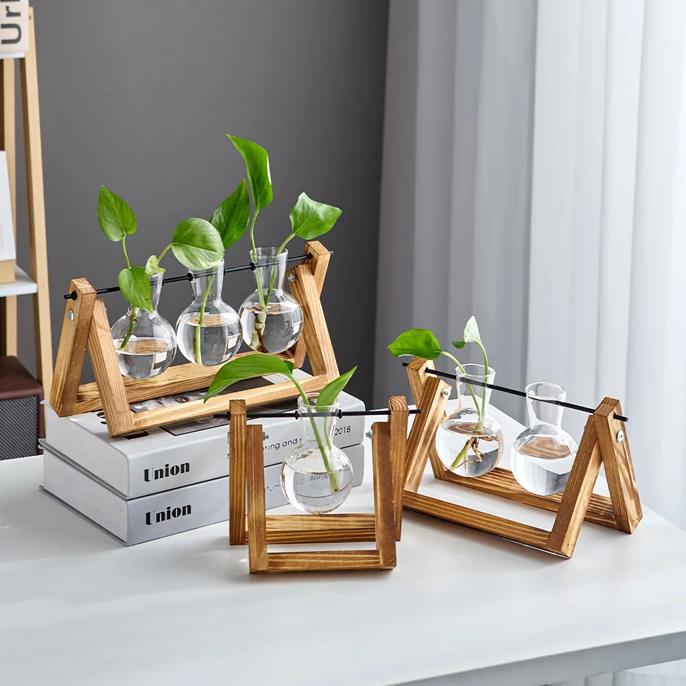 Modern Pastoral Style Home Decor Wooden Frame Glass Vase Hydroponics ...