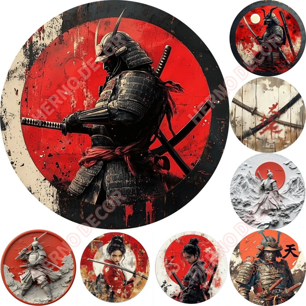 Japanese-Samurai-Aluminum-Wall-Art-Retro-Style-Circular-Metal-Logo-Decoration-Suitable-for ...