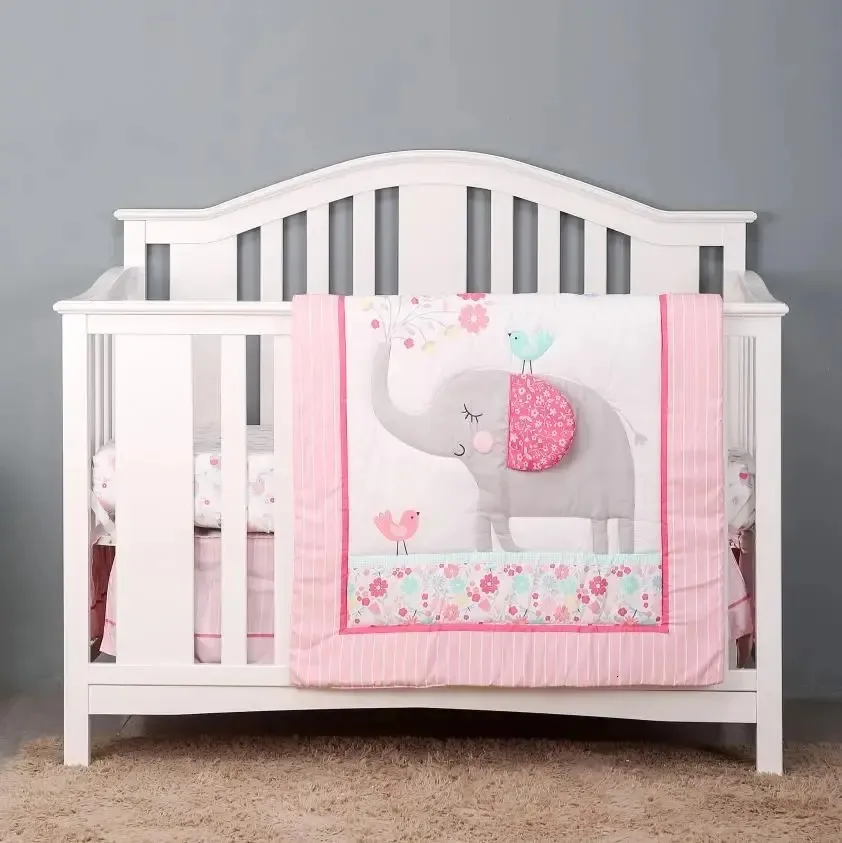 3 Pcs Baby Crib Bedding Set Pink Elephant Including Quilt Crib Sheet ...