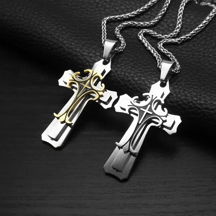 3-layer-Cross-Pendant-Necklace-Titanium-Steel-Punk-Hip-Hop-Style-Long ...