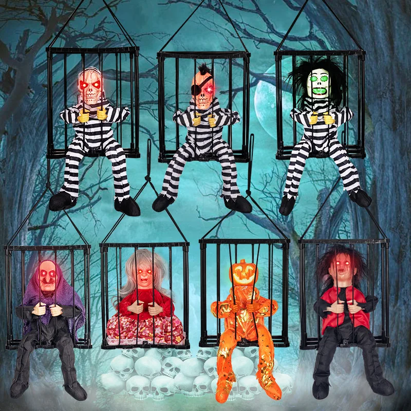 Halloween Decoration Prisoner Ghost In Cage Scary Skull Prop Electric ...