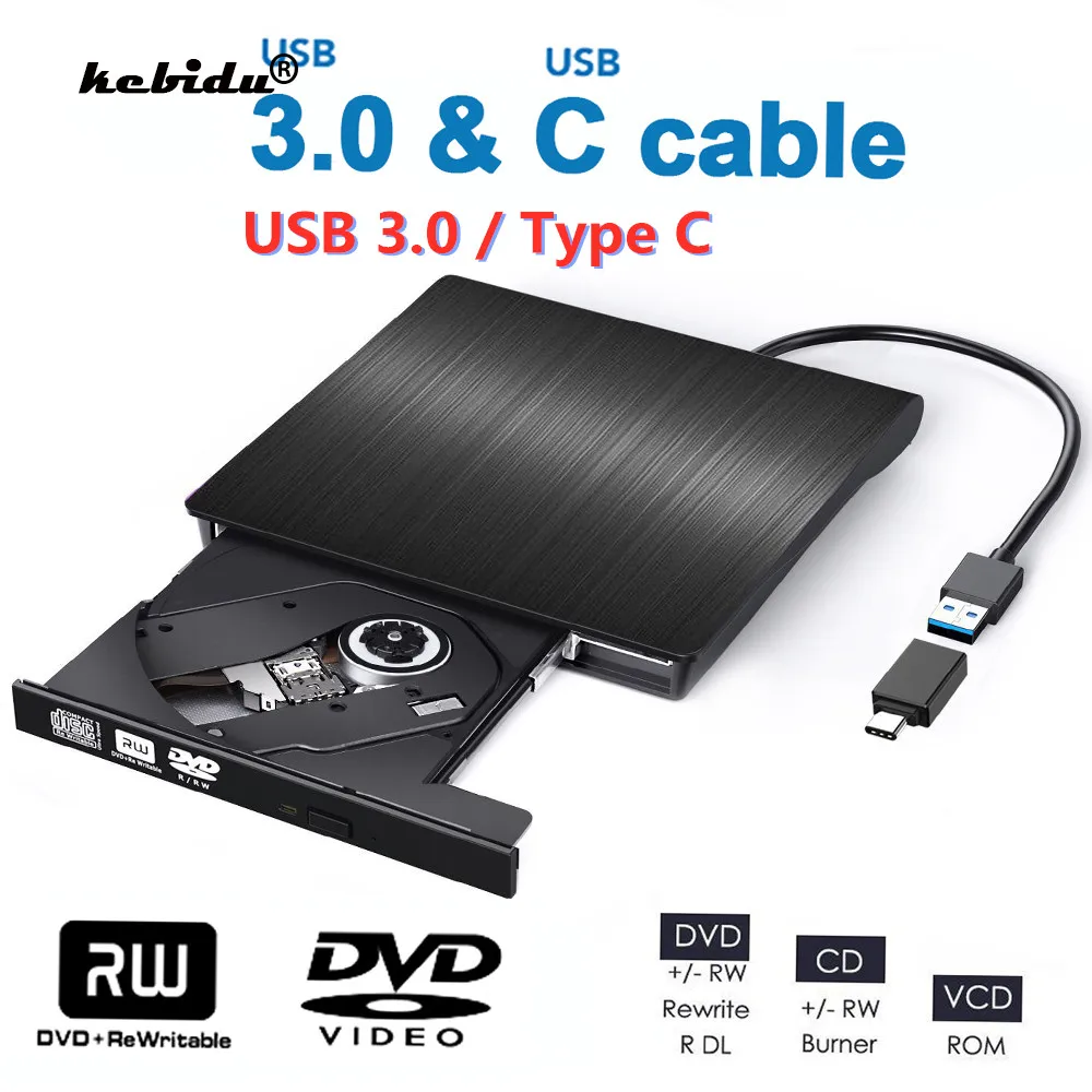 Kebidu DVD 타입 C 케이블 USB 3.0 외부 DVD 드라이브 CD DVD RW 드라이브 라이터 케이스 버너 광학 ...