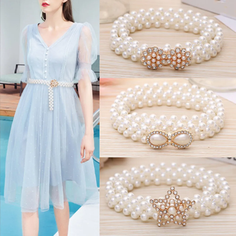 Women-s-Pearl-Rhinestone-elastic-belt-Thin-waist-chain-female ...