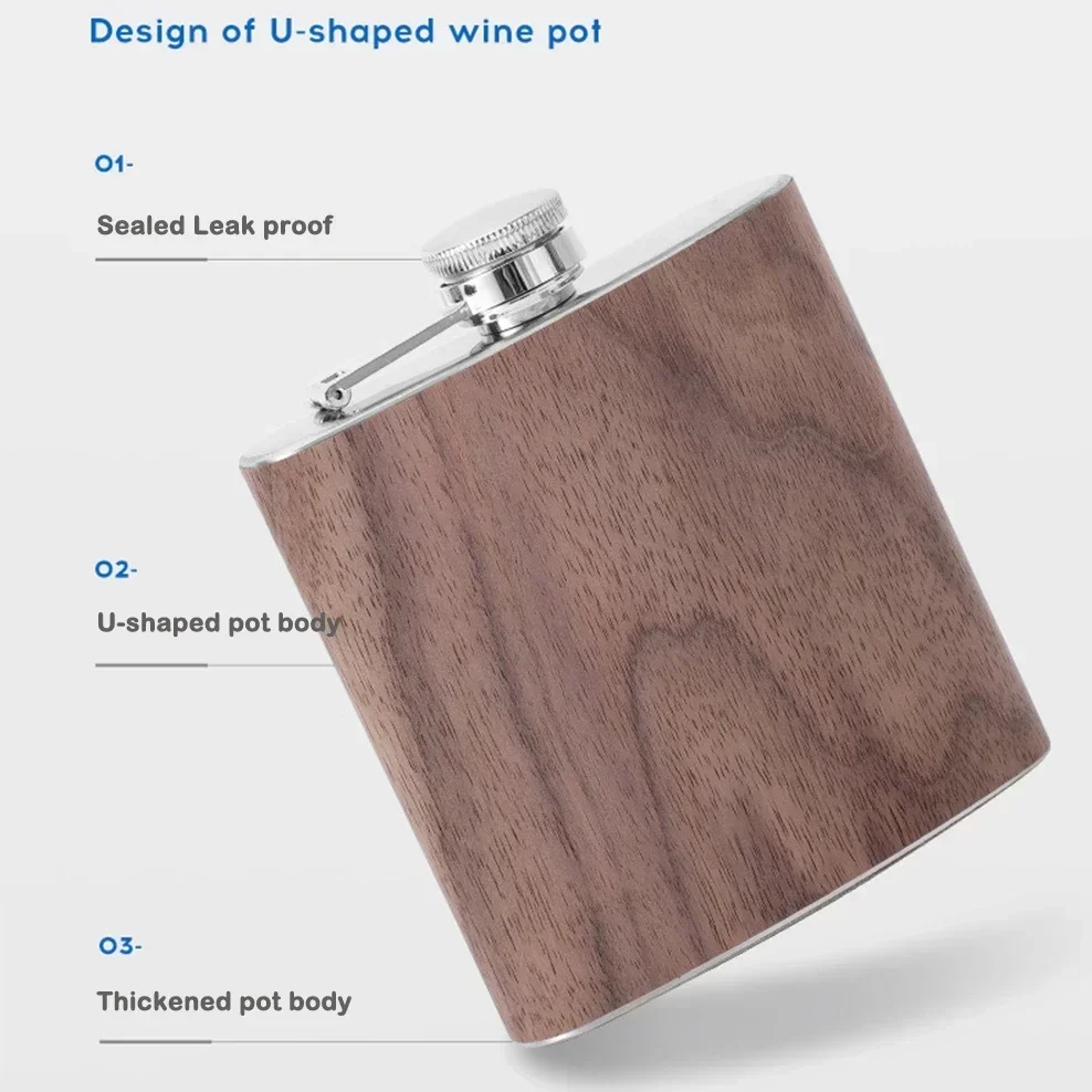 6oz Stainless Steel Hip Flask Outdoor Portable Wood Grain Leather Small ...