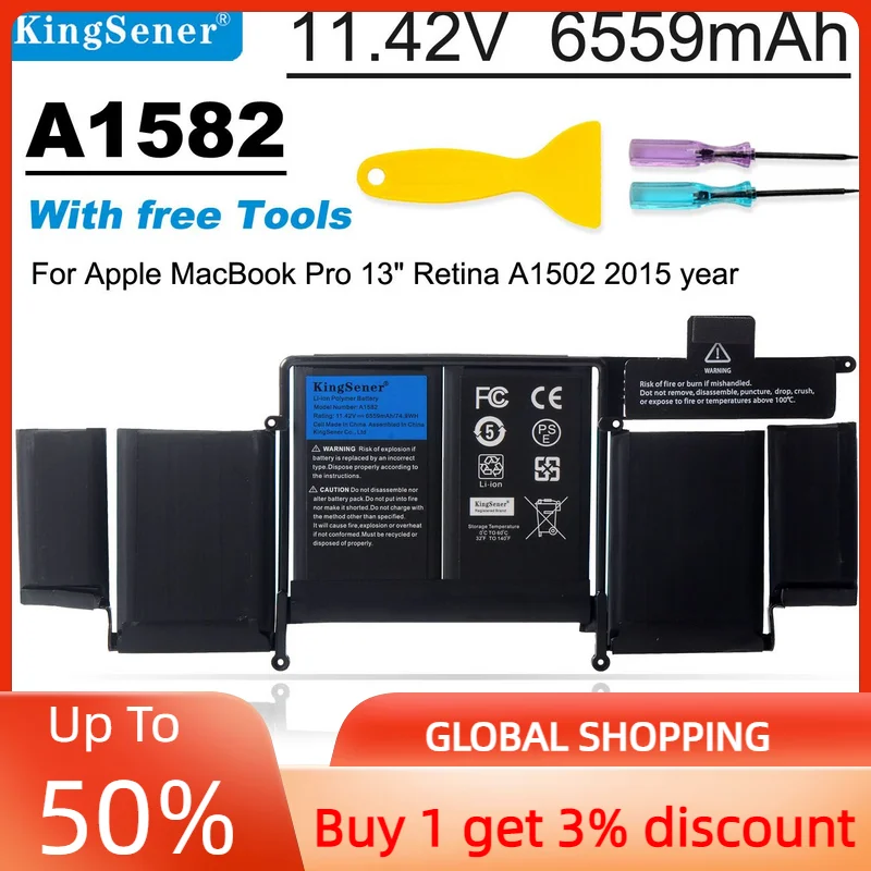 KingSener A1582 A1493 Laptop Battery For Apple MacBook Pro 13" Retina A1502 2013 2014 2015 Year ...