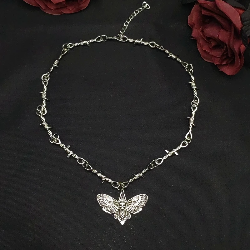 Goth-Moth-Skull-Barbed-Wire-Cross-Pendant-Necklace-Punk-Hip-Hop-Jewelry ...