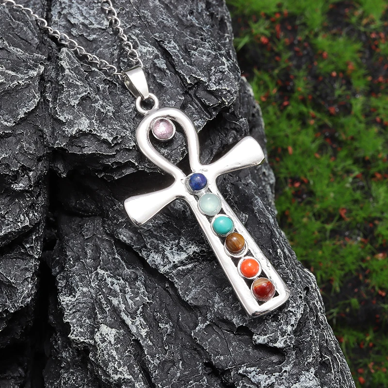 Retro-Seven-Color-Energy-Stone-Ankh-Cross-Pendant-Necklace-for-Men-and ...