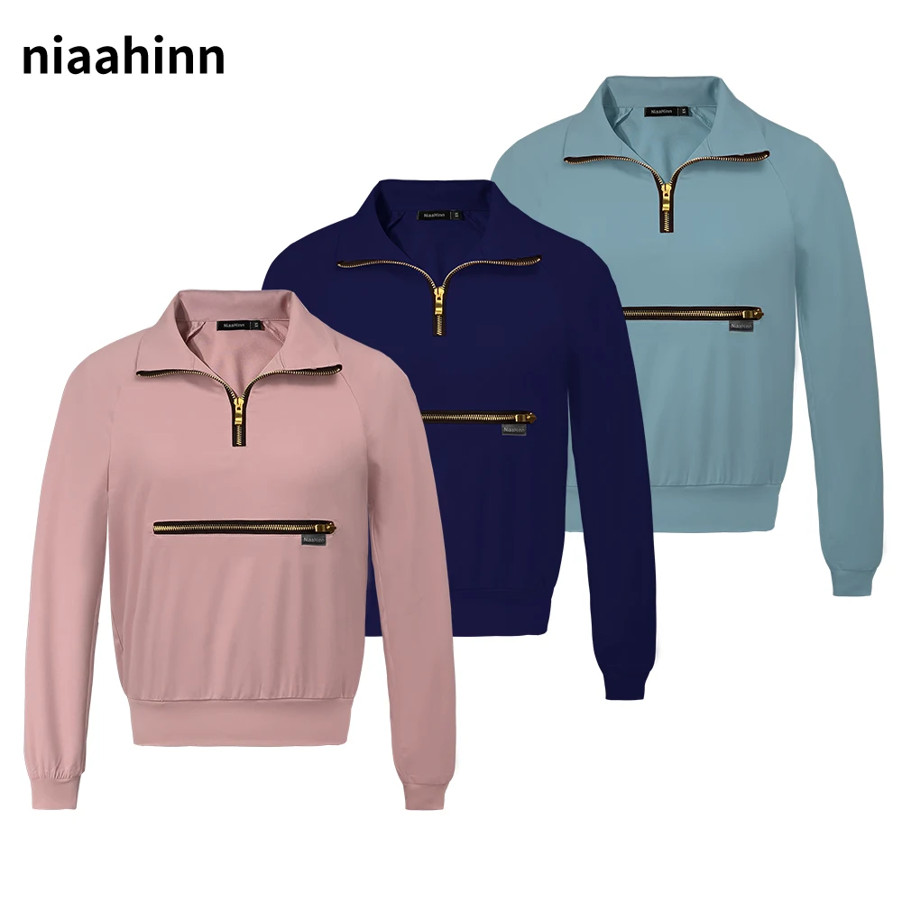 Veterinary Women Uniforms Scrubs Shirt Zip Stand Collar Scrub Tops Long ...