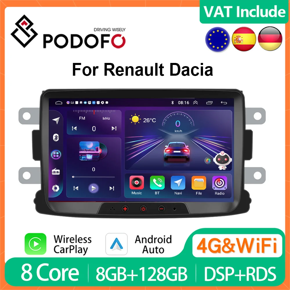 Podofo CarPlay Android Auto Car Radio For Renault Dacia Duster Sandero Logan Multimedia Player ...