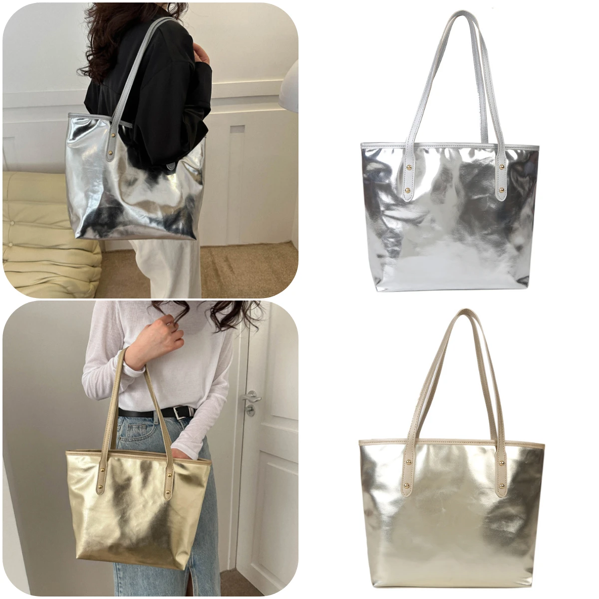 Women-Large-Handbag-with-Zipper-Luxury-Designer-Silver-Gold-Shoulder ...