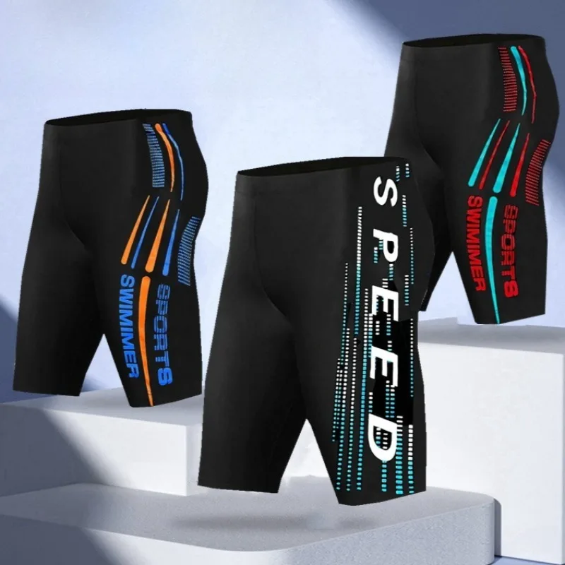 Men Swimming Trunks Elastic Quick Dry Slim Fit Racing Swim Trunks Mid ...