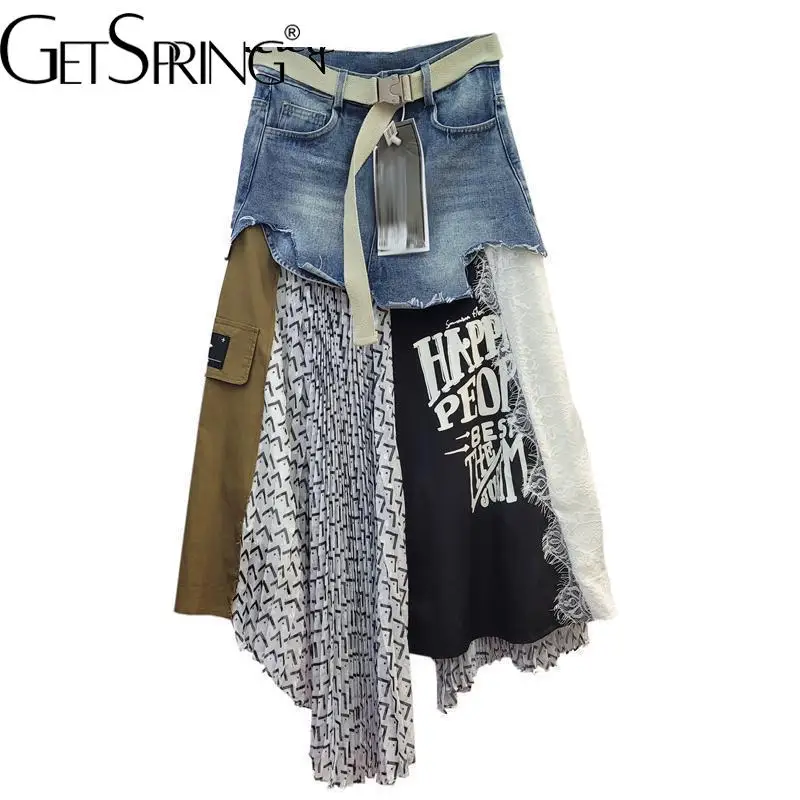 Getspring Women Skirt Long Patchwork Denim Skirt Stitching Irregular High Waist Loose Leisure ...