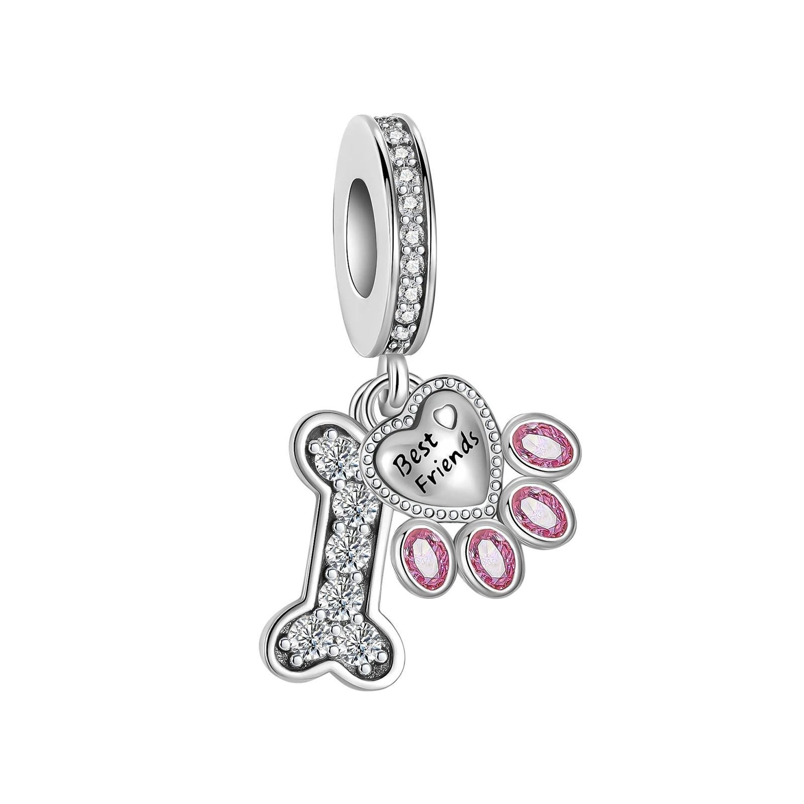 925-Sterling-Silver-Best-Friends-Dog-paw-Pink-Dog-Charm-Fit-Original ...