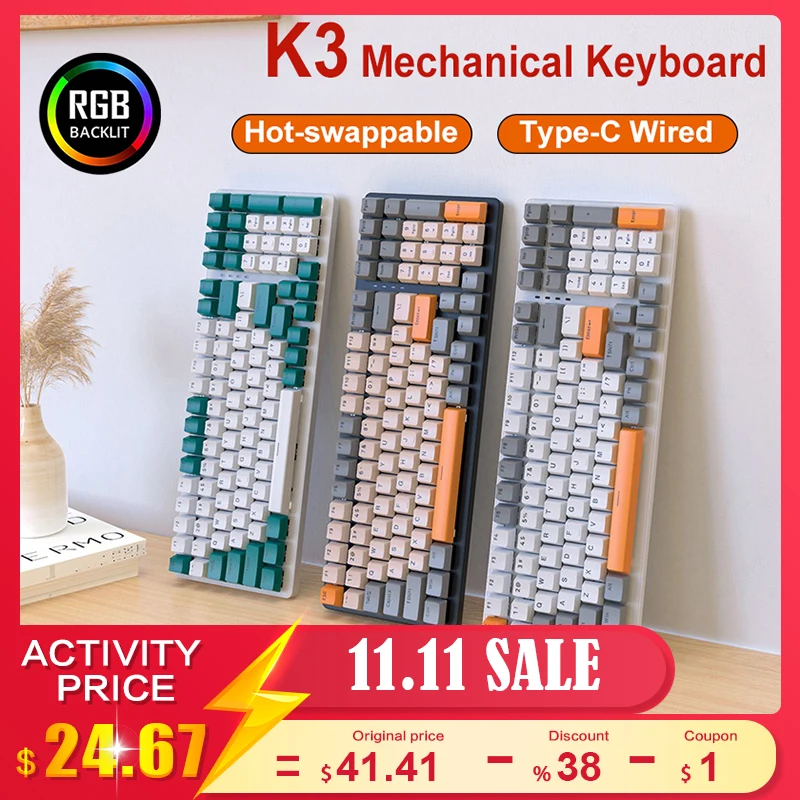 K3 100 Keys Gaming Mechanical Keyboard Gamer Usb Type-c Wired Keyboards ...