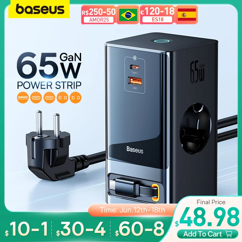 Baseus 65w Power Strip Us Plug 3ac Usb C Powerstrip Gan Socket Smart ...
