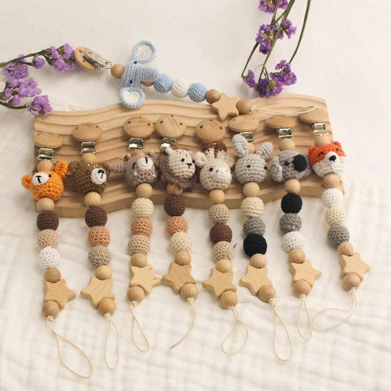Baby Pacifier Clip Chain Wooden Nipple Holder Clips Cartoon Animal Baby ...