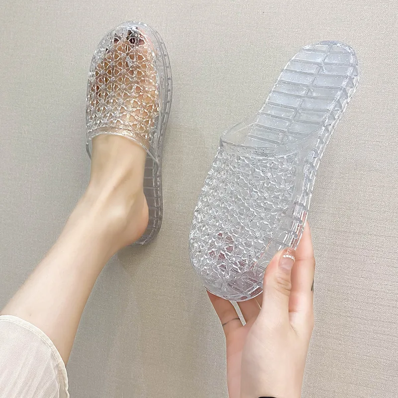 Transparent Jelly Slippers women round toe summer slides cutout glitter ...