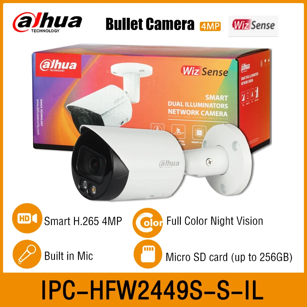 Dahua IPC-HFW2449S-S-IL 4MP Smart H.265 Dual Light IR 30M Mini Bullet WizSense Network IP PoE ...