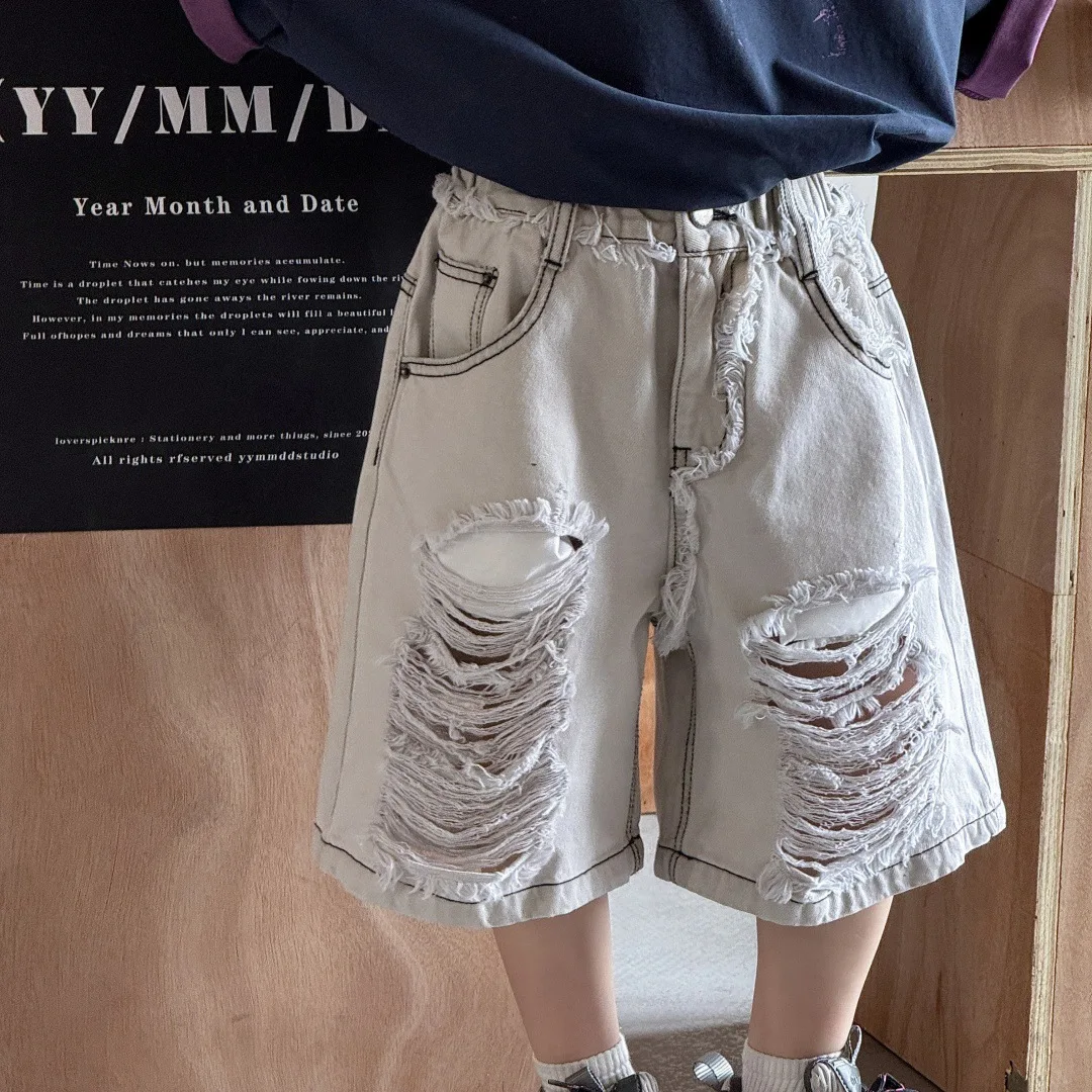 2025 Boys' Summer New Short Pants Punched Denim Fashion Korean Edition ...