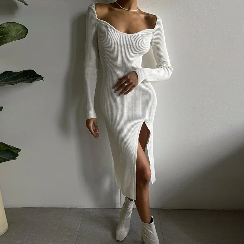 Elegant-Women-Square-Collar-Long-Dress-Autumn-Winter-Ribbed-Knitting-Slit-Dress-Sexy-Slim-Fit ...