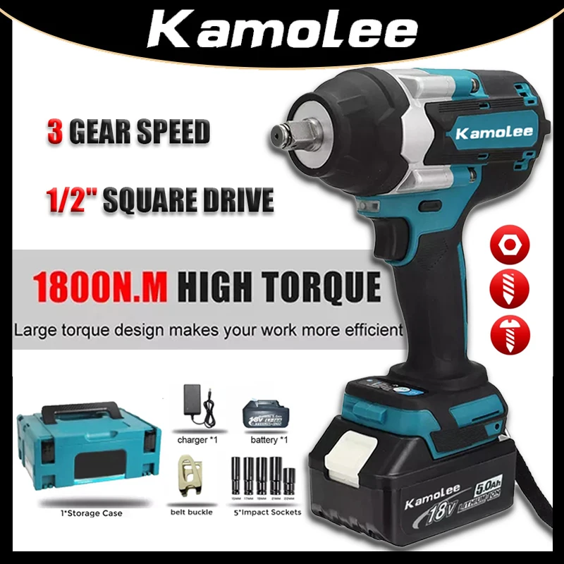 Kamolee 1800N.M DTW700 Brushless Electric Impact Wrench 1/2 Inch Cordless Wrench Power Tool For ...