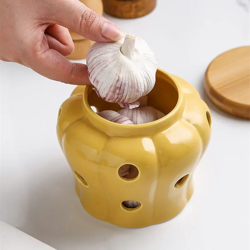 Hollow Openwork Ceramic Garlic Storage Jar with Lid Pumpkin shape ...