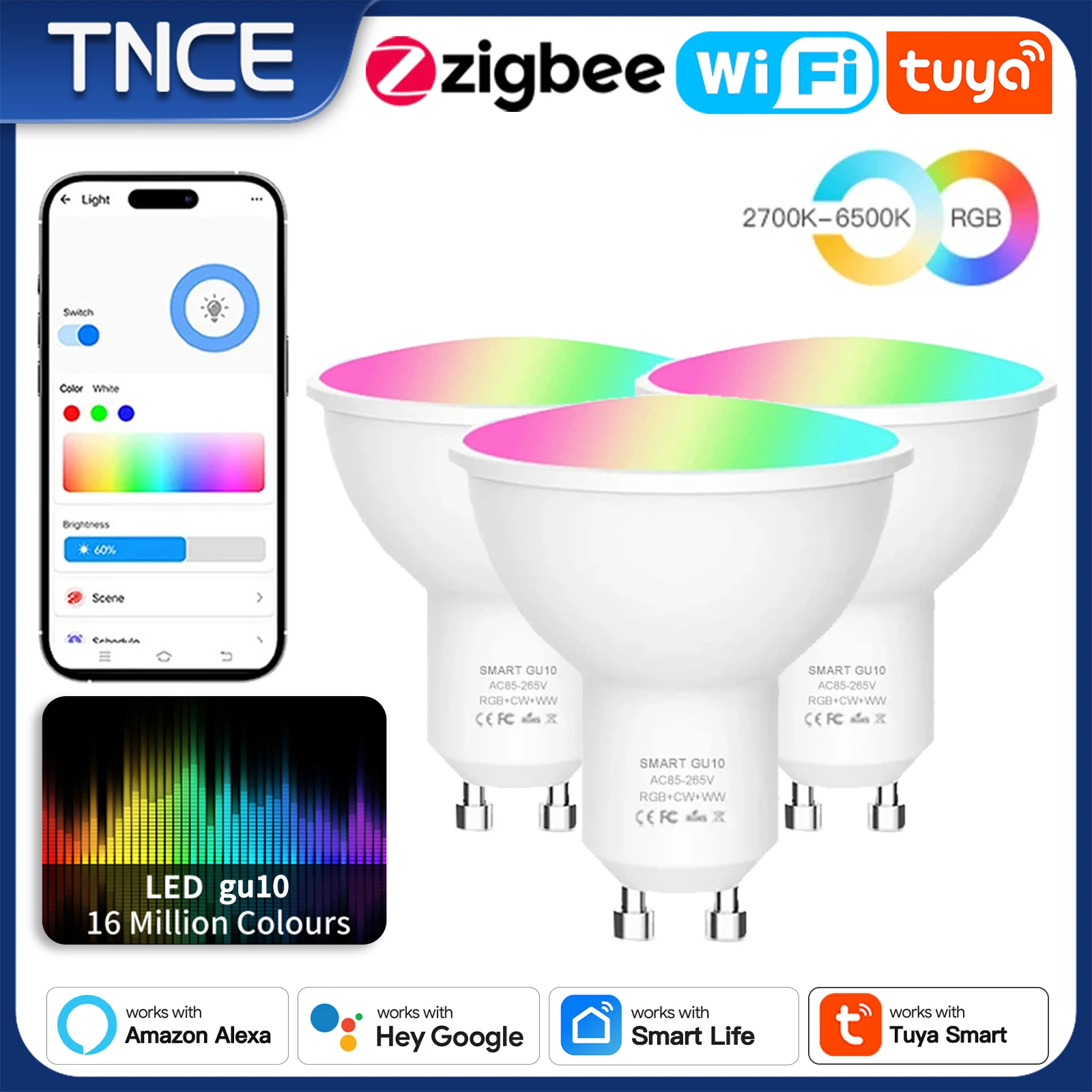 TNCE Tuya GU10 spots LED Bulb, zigbee downlight RGBC+W Dimmable Lamp ...