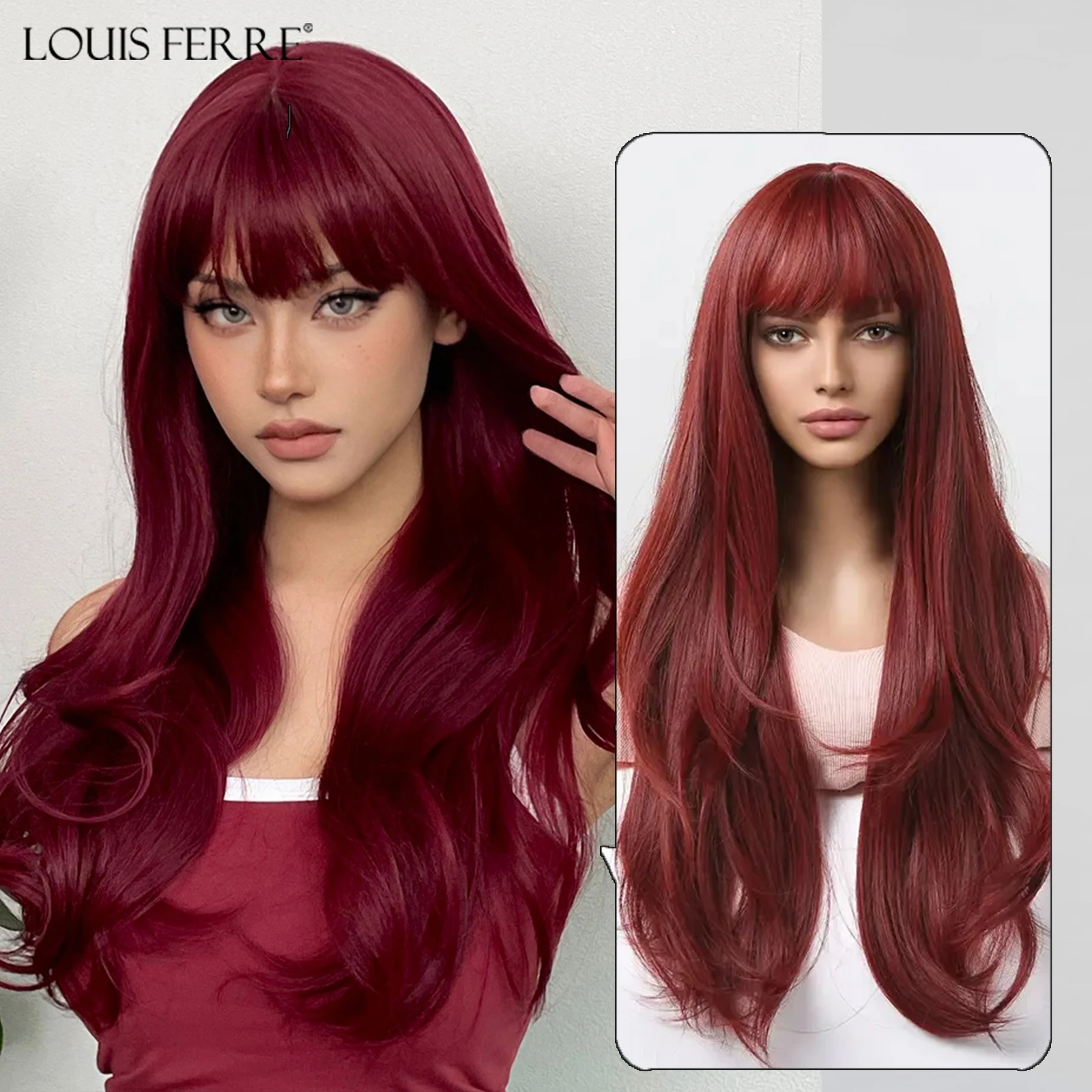 LOUIS-FERRE-Long-Wine-Red-Synthetic-Wig-Natural-Wave-Women-Wig-With ...