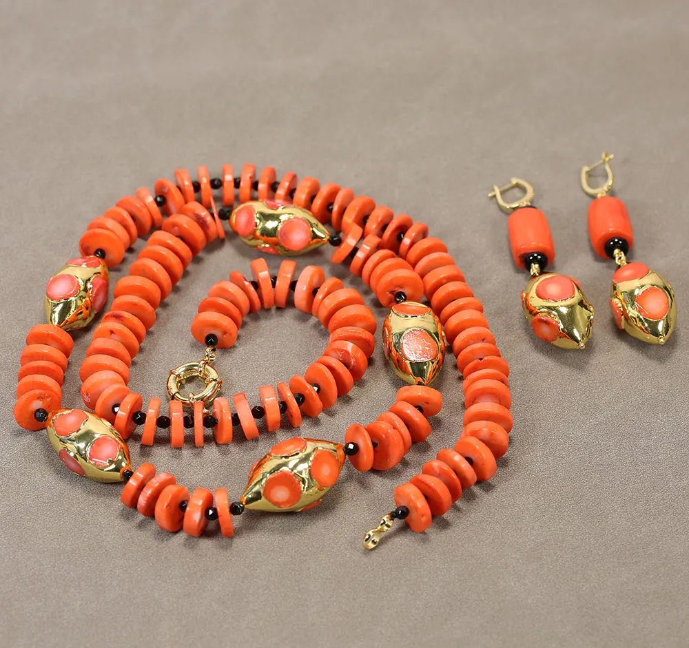 GuaiGuai Jewelry Orange Coral Gold Plated Edge Beaded Coin Coral Onyx ...
