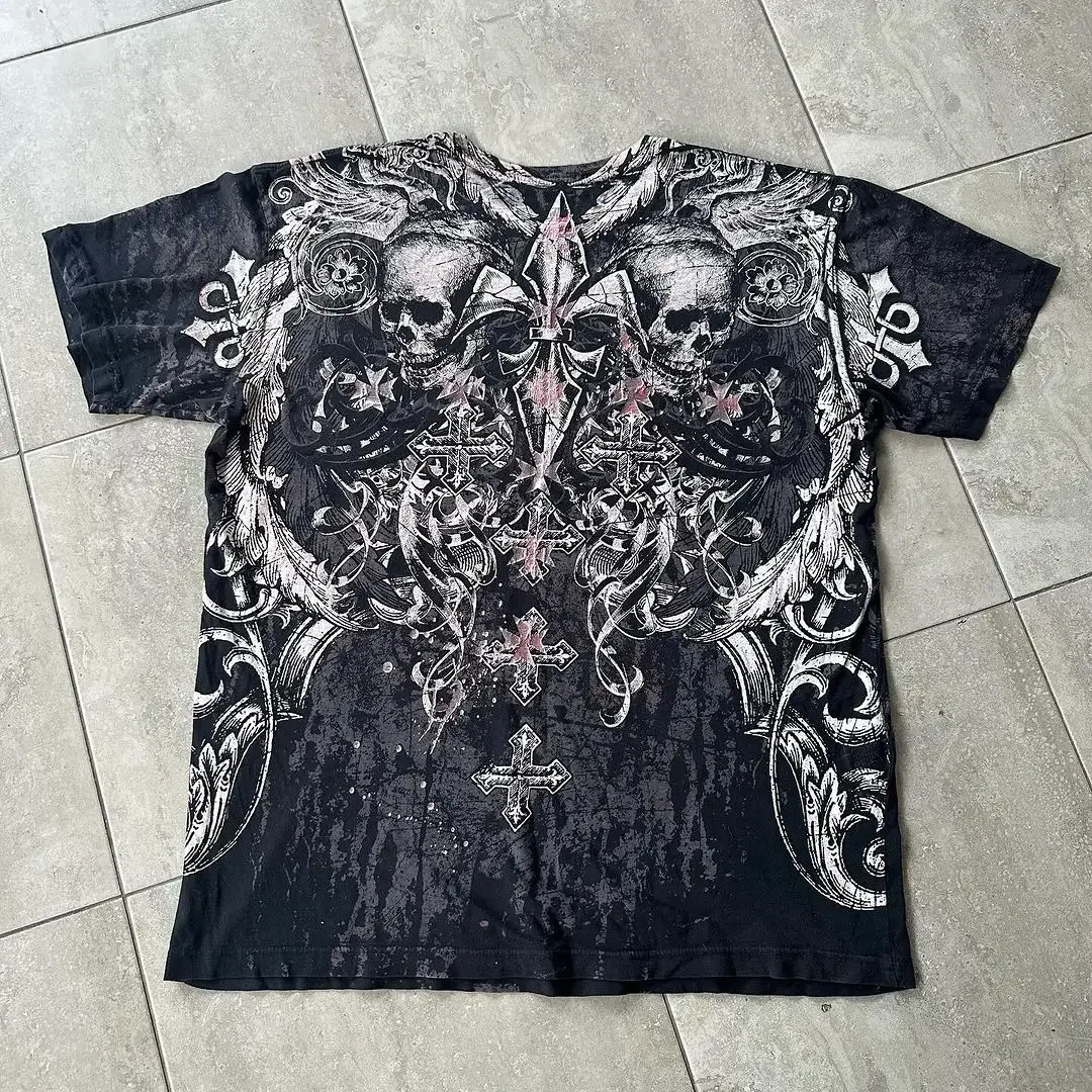 Streetwear-Y2K-Affliction-T-shirts-Hip-Hop-Tee-Gothic-Skull-Cross-Print ...