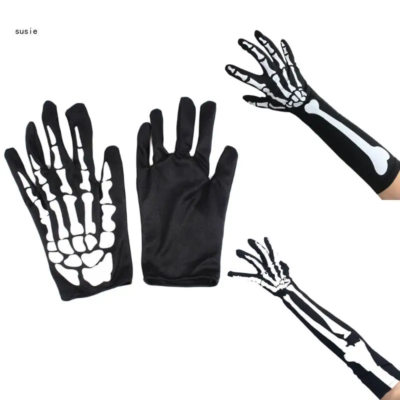 X7YA-Skeleton-Full-Finger-Gloves-Bone-Print-Mittens-Halloween-Long-Arm ...