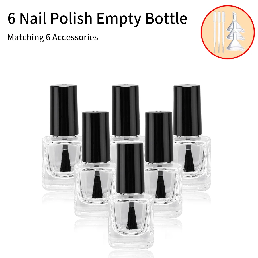 6PCS+6 Accessories Empty Nail Polish Bottles with Brush Funnel with 6 ...