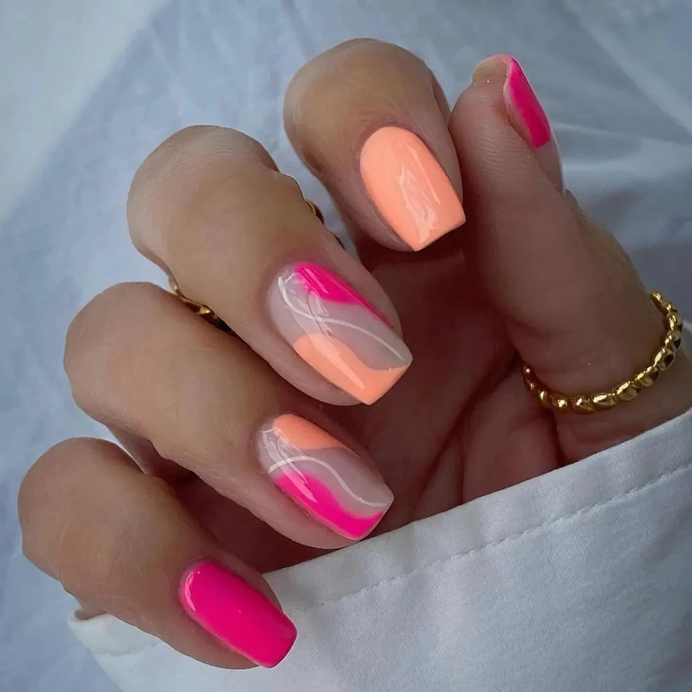 24Pcs-Press-On-Nails-Simple-French-Colorful-Wavy-Abstract-Line-Fake ...