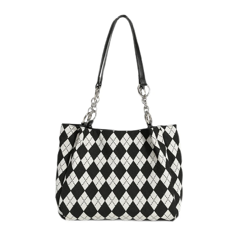 Canvas Black White Checkered Stitching Shoulder Bag Women Large ...