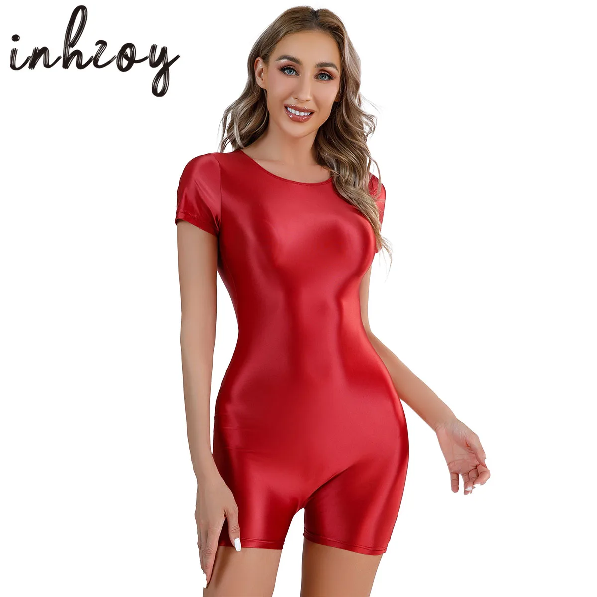 Women Oil Glossy Shiny Tube Bodysuit Elastic One Piece Boxer Short ...