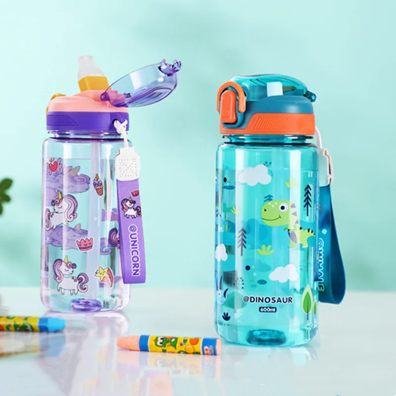 600ml-Kids-Healthy-Plastic-Water-Bottle-With-Straw-BPA-Free-Leak-Proof ...