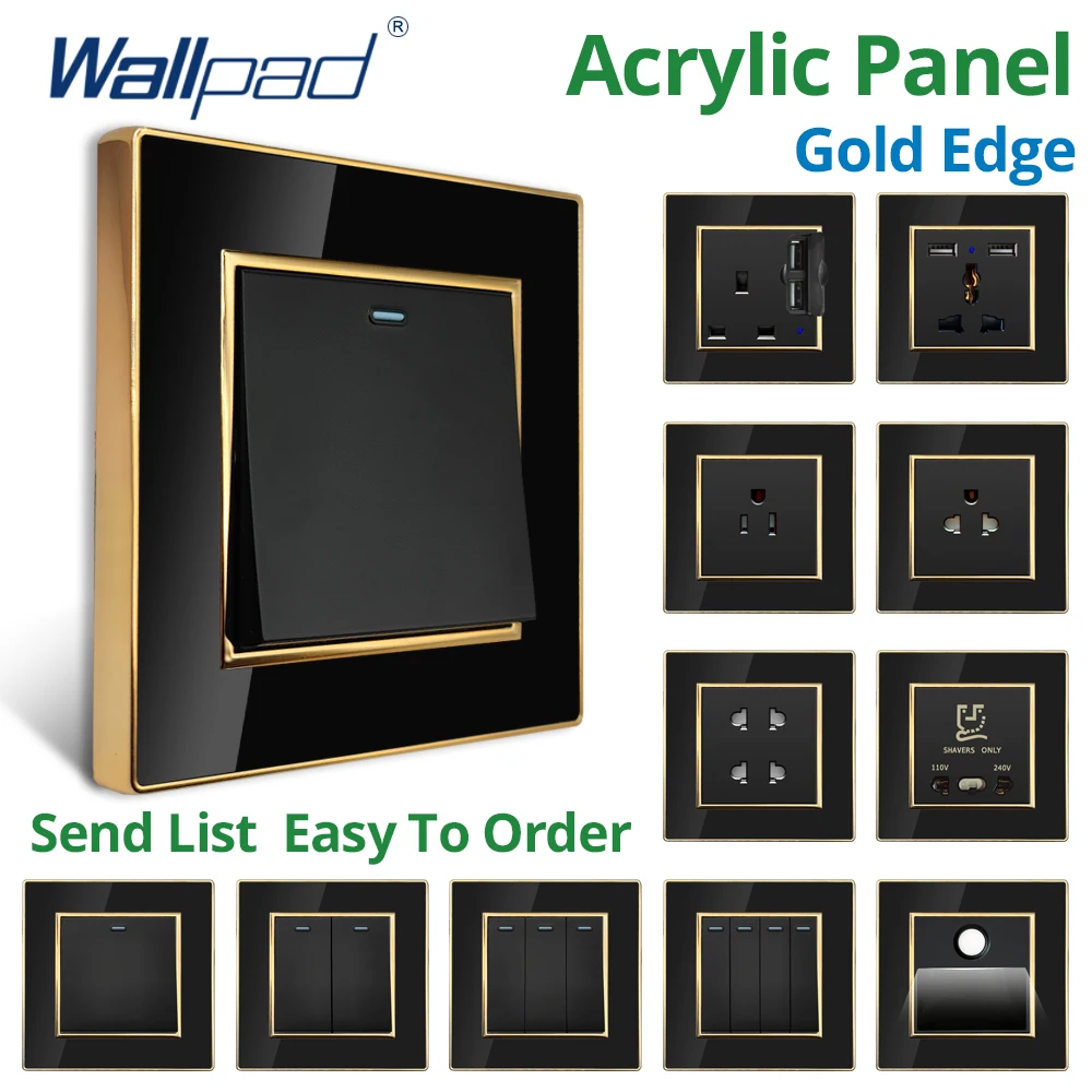 Wallpad-Wall-Black-Acrylic-Panel-With-Gold-Border-UK-US-Sockets-And ...